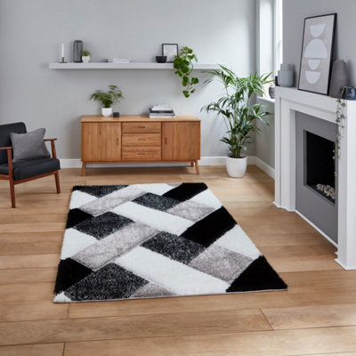 Black White Shaggy Geometric Modern Rug for Living Room Bedroom and ...
