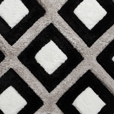Black White Shaggy Modern Easy to Clean Geometric Rug For Dining Room ...