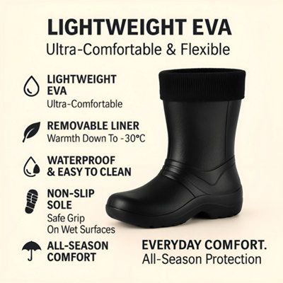 Black Womens Lightweight EVA Wellington Boots with Warm Fleece Liner ...