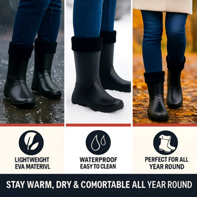 Black Womens Lightweight EVA Wellington Boots with Warm Fleece Liner ...