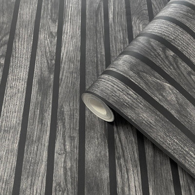 Black Wooden Slats Wallpaper Grey Textured Free Match Feature Wall