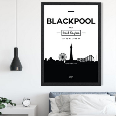 Blackpool Black and White City Skyline Framed Print SIZE: A2 with Black ...