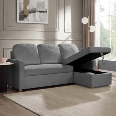 Blanket Pull-Out Sofa Bed With Chaise, Grey Boucle