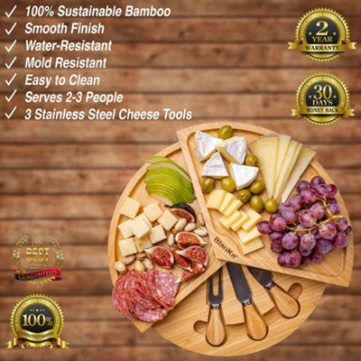 BlauKe Bamboo Cheese Board and Cheese Tool Set - 37cm Round Charcuterie ...