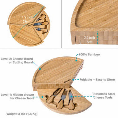 BlauKe Bamboo Cheese Board and Cheese Tool Set - 37cm Round Charcuterie ...