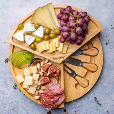 BlauKe Bamboo Cheese Board and Cheese Tool Set - 37cm Round Charcuterie ...