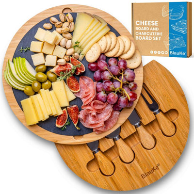 BlauKe Bamboo Cheese Board with Cheese Tool Set and Slate - 30cm Round ...