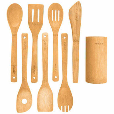 BlauKe Wooden Kitchen Utensils Set of 8 - Non-Stick Bamboo Cooking ...
