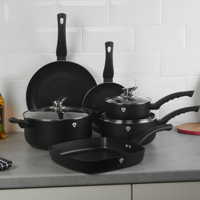 BLAUMANN 9Pc Set Matt Black Colour Cookware Frying Grill Pots Saucepan ...