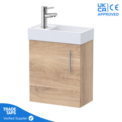 Bleached Oak Gloss Wall Hung Vanity Unit 400mm with Chrome Tap, Waste ...