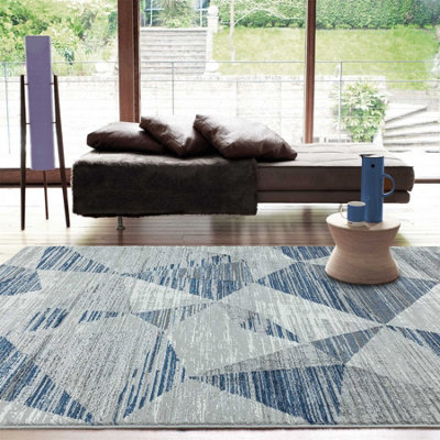 Block Blue Chequered Geometric Jute Backing Rug for Living Room Bedroom ...