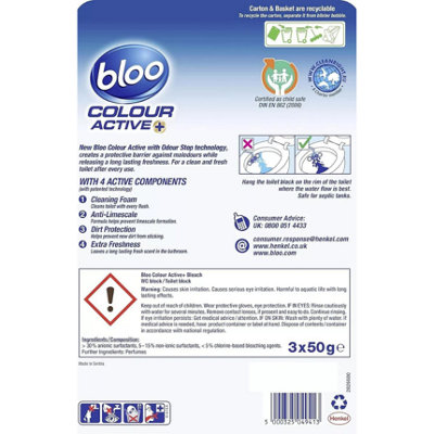 Bloo Colour Active Toilet Rim Block Blue Bleach Anti-Limescale 150gm