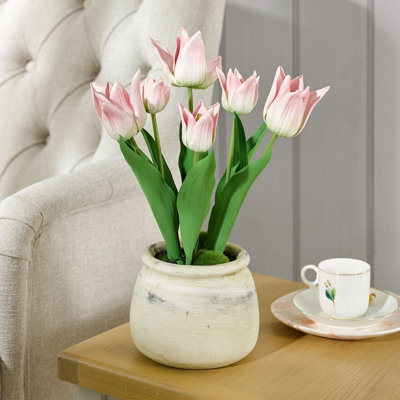 Bloom Artificial Pale Pink Tulips in Cement Pot - Colourful Faux Fake ...