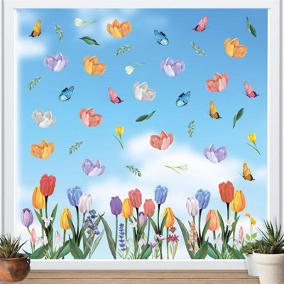 Blooming Watercolor Tulips with Butterflies Spring Window Clings ...