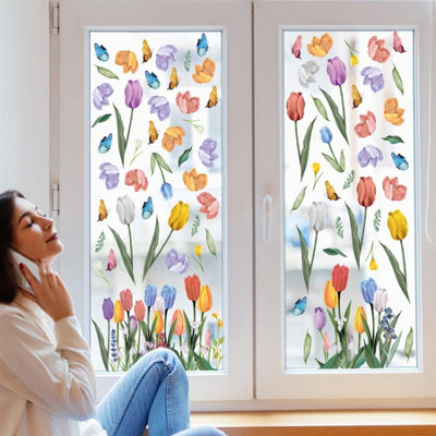Blooming Watercolor Tulips with Butterflies Spring Window Clings ...