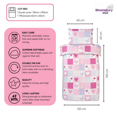 Bloomsbury Mill - Patchwork Butterflies- Kids Toddler Cot Bed Duvet Cover and Pillowcase Set for ...