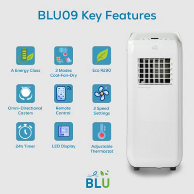 BLU09 9000 BTU A Rated White Portable Air Conditioner with 3 Fan Speeds ...