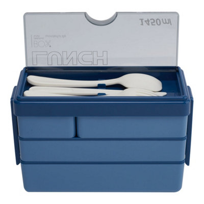 Blue 3 Layer Bento Style Plastic Lunch Box with Cutlery