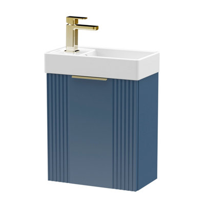 Blue 400mm Wall Hung Cloakroom Vanity Basin Unit with Brushed Brass ...