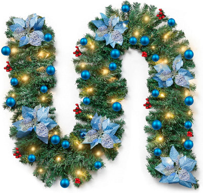Blue 9FT Pre Lit Christmas Garland with Lights Door Wreath