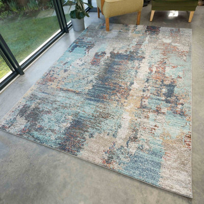 Blue Abstract Soft Distressed Fireside Living Area Rug 120cm x 170cm