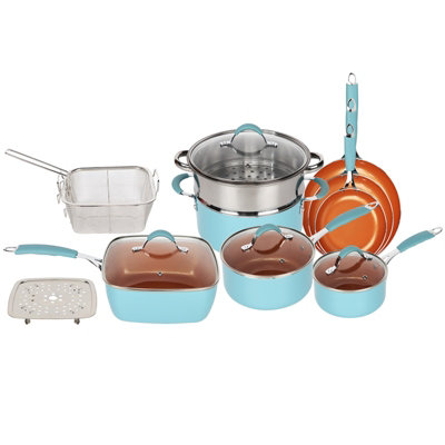Blue and Copper Induction 14 Pcs Kitchen Non Stick Cookware Set Frying ...