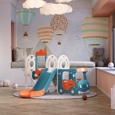 Blue and Orange Bus Cartoon 3 in 1 Slide and Swing Set Play Set with ...