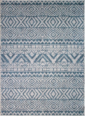 Blue Aztec Tribal Flatweave Indoor Outdoor Rug 80x150cm