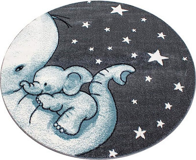 Blue Baby Elephant and Stars Circle Rug - Kids - 120CM
