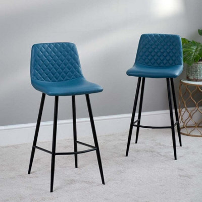 Blue bar stool modern style in faux leather with foot rest black legs Ripley Bar Stool Teal Set of 2