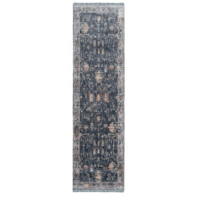 Blue Beige Traditional Floral Soft Fringed Runner Rug 60x240cm
