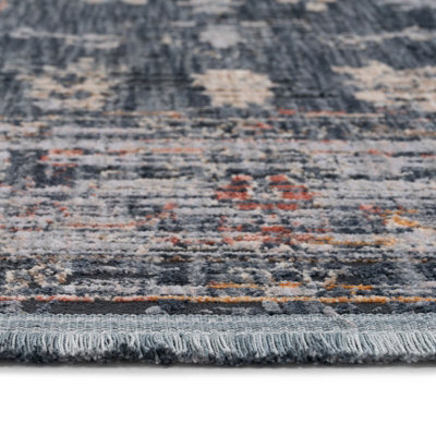 Blue Beige Traditional Floral Soft Fringed Runner Rug 60x240cm
