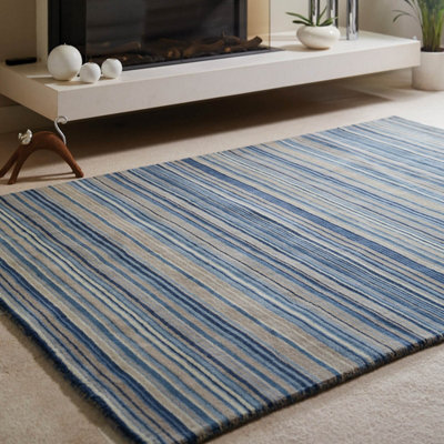 Blue Beige Wool Handmade Modern Striped Rug for Living Room and Bedroom ...