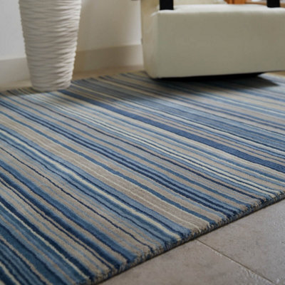 Blue Beige Wool Handmade Modern Striped Rug for Living Room and Bedroom ...