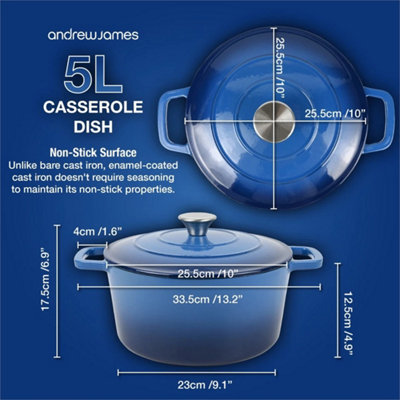 BLUE CAST IRON CASSEROLE DISH POT WITH LID DUTCH OVEN 5L ENAMELED STEW ...