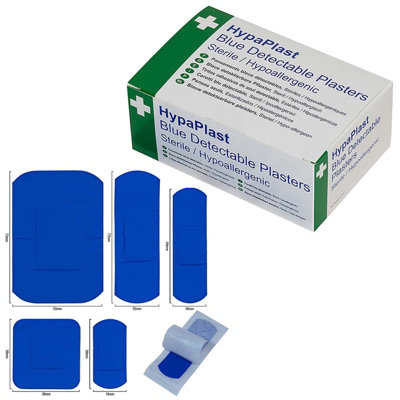 Blue Catering Waterproof Plasters Assorted Box of 100 Metal Detectable ...