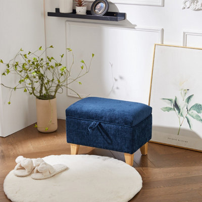Blue Chenille Upholstered Storage Ottoman Footstool