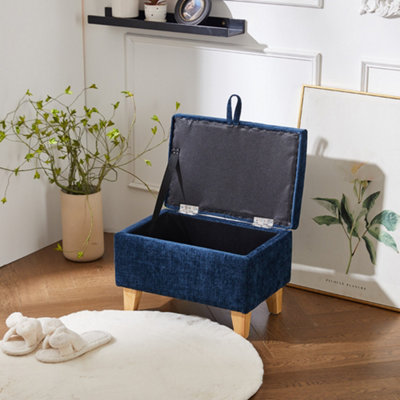 Blue Chenille Upholstered Storage Ottoman Footstool