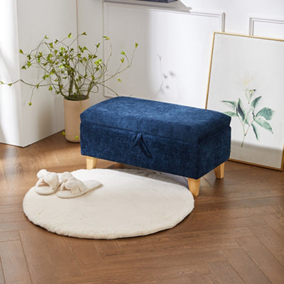 Blue Chenille Upholstered Storage Ottoman Footstool