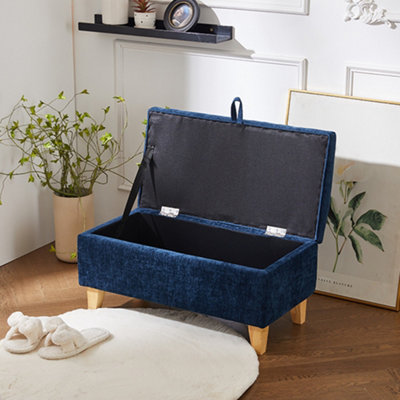 Blue Chenille Upholstered Storage Ottoman Footstool