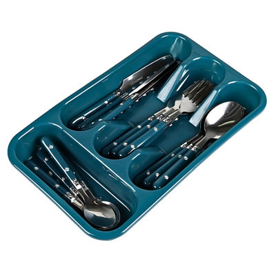 Blue Cutlery Tray with Utensils Holder Plastic Drawer Organizer Storage ...