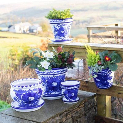 Blue Floral Hand Painted Set of 2 Outdoor Bola Pots & Drainage Plates ...
