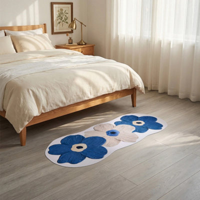 Blue Floral Pattern Irregular-Shaped Faux Cashmere Rug with Non-Slip ...