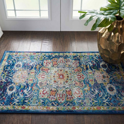 Blue Floral Traditional Easy to Clean Rug for Living Room Bedroom and ...