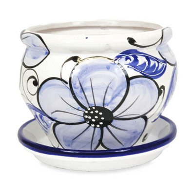 Blue Flowers Hand Painted Outdoor Garden Bola Pot & Drainage Plate (D ...