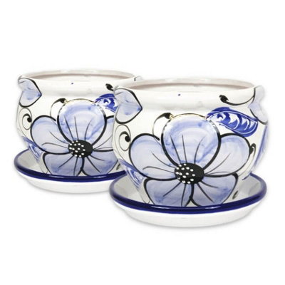 Buy Blue Flowers Hand Painted Set of 2 Outdoor Bola Pots & Drainage ...