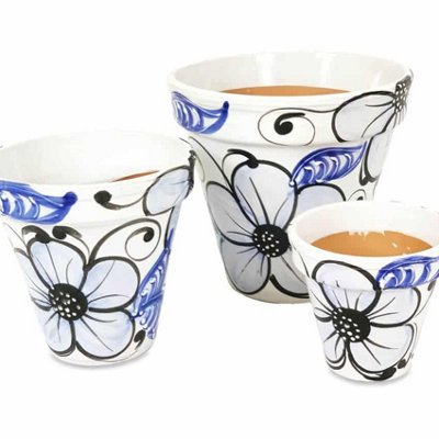Blue Flowers Hand Painted Set of 3 Outdoor Garden Classic Plant Pots (D ...