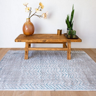 Blue Geometric Wool Anti-Slip Rug For Dining Room Bedroom & Living Room ...