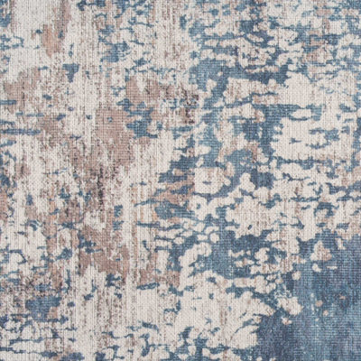 Blue Grey Distressed Abstract Washable Non Slip Runner Rug 60x240cm