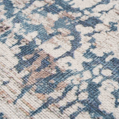 Blue Grey Distressed Abstract Washable Non Slip Runner Rug 60x240cm